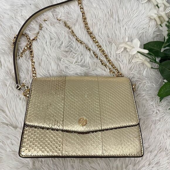 Tory Burch | Bags | Tory Burchgold Leather Python Embossed Shoulder ...